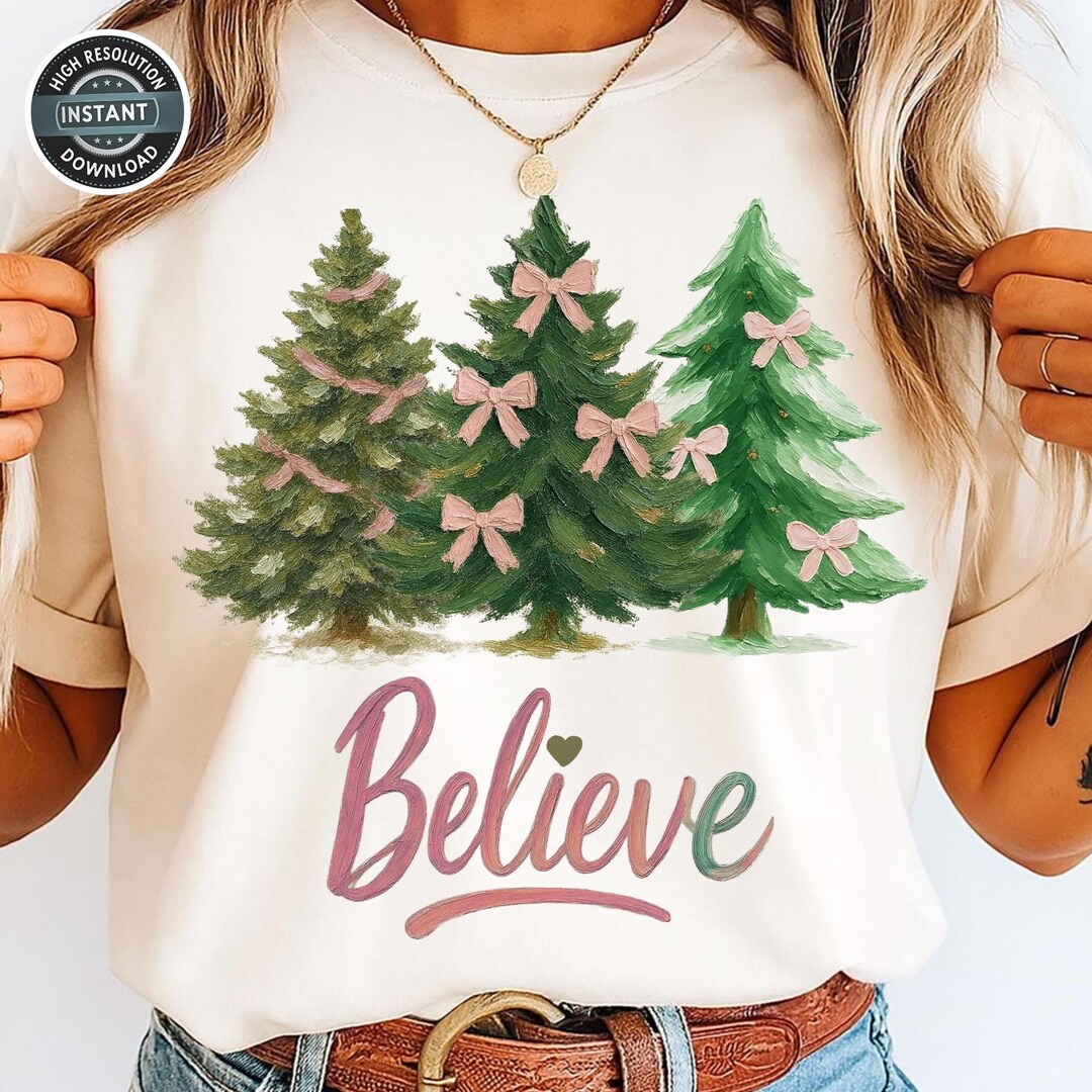 Believe Christmas Trees PNG | Cute Holiday Digital Download | Pink Bow ...