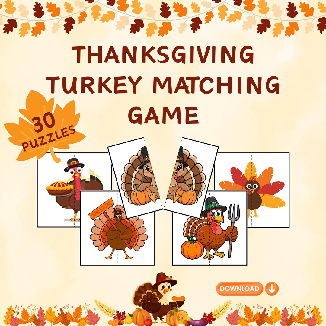 Thanksgiving Turkey Matching Game | 30 Symmetry Puzzles | Printable ...