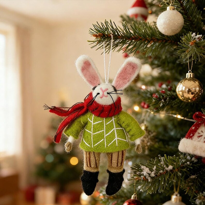Handmade Felt Rabbit Christmas Ornament – Winter Coat, Nepali Folk Art ...