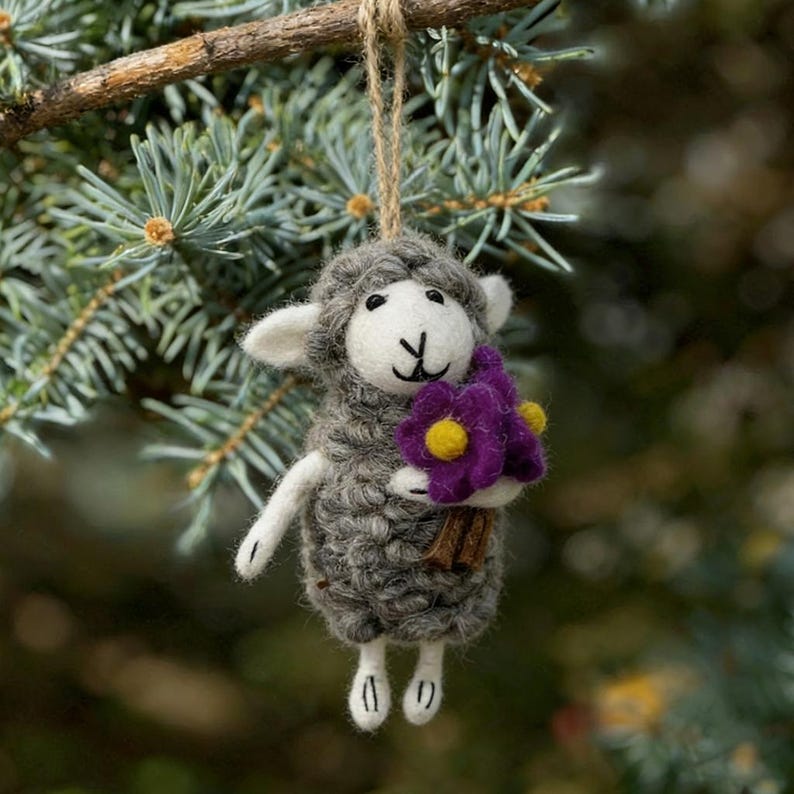 Handcraft Wool Flower-hugging Sheep Hanging Decor, Needle Felted White ...