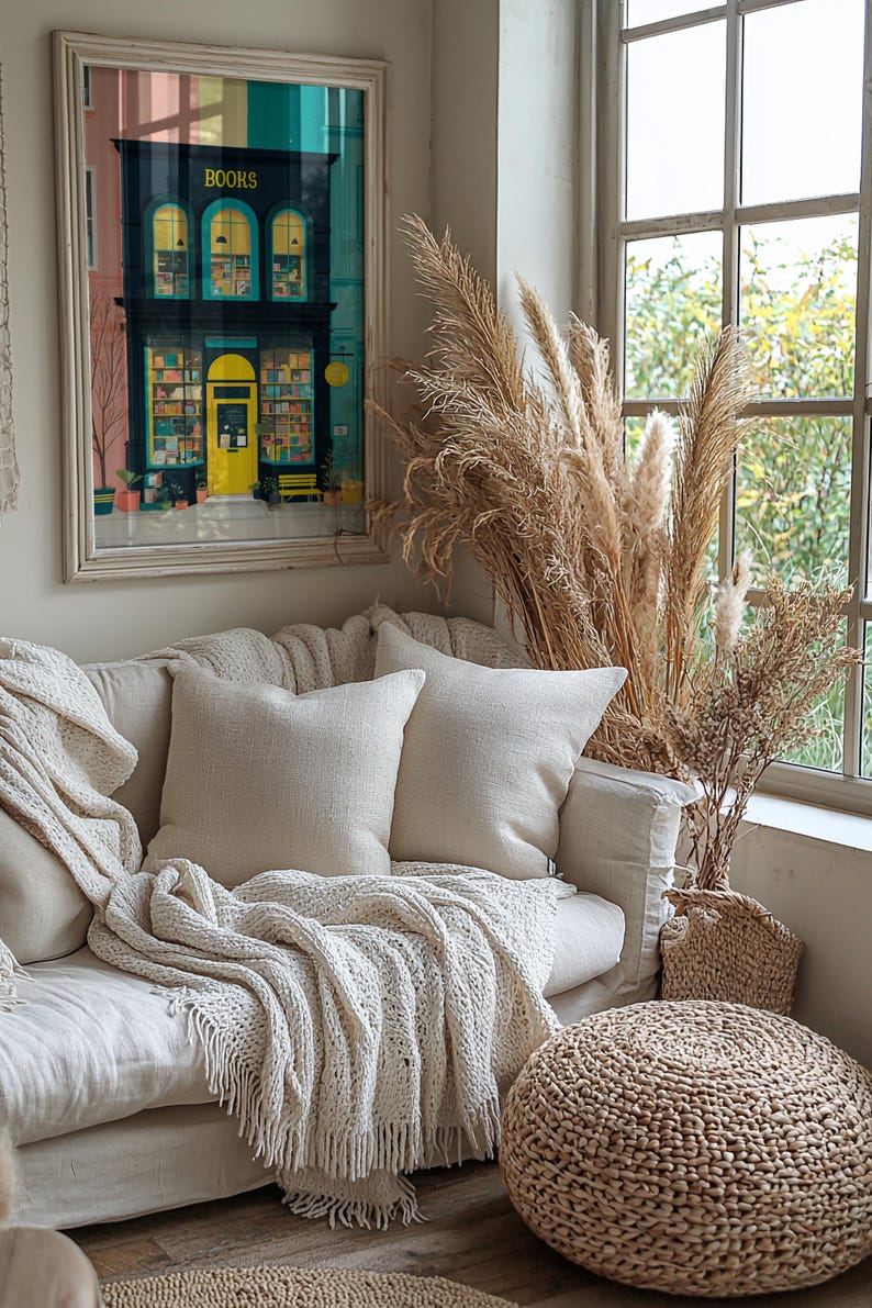 Cozy Bookstore Wall Art Printable, Pastel Illustrated Bookshop Digital ...