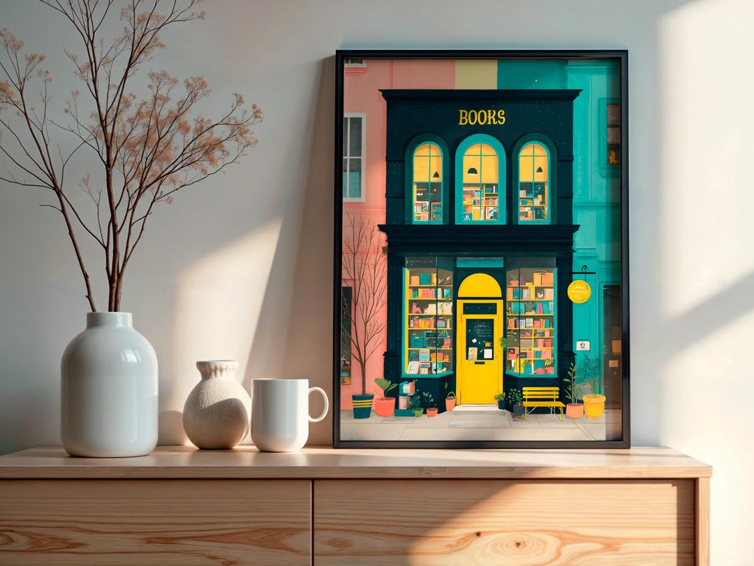Cozy Bookstore Wall Art Printable, Pastel Illustrated Bookshop Digital ...