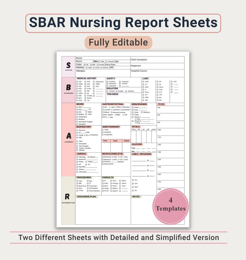 SBAR Nursing Report Templates: Editable Nurse Handoff Sbar Sheets (PDF ...