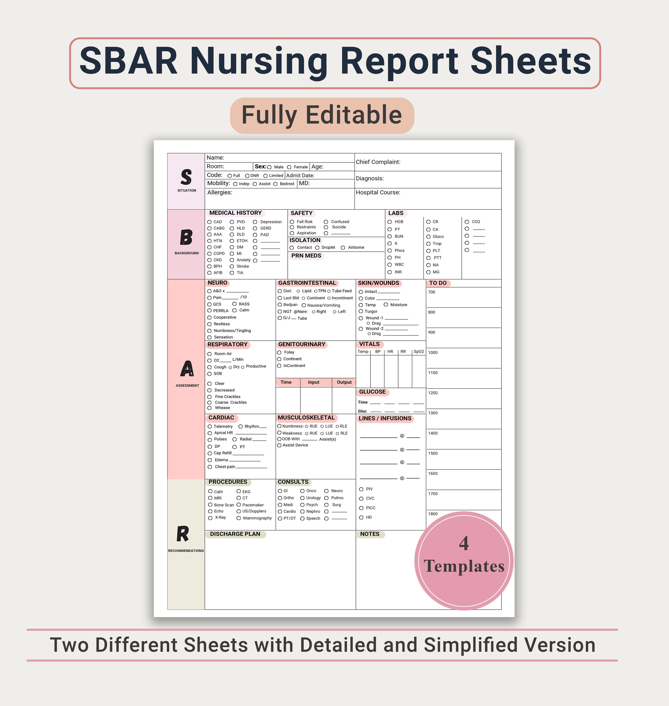 SBAR Nursing Report Templates: Editable Nurse Handoff Sbar Sheets (PDF ...