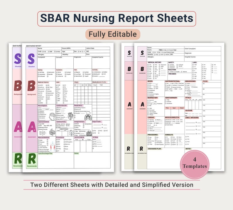 SBAR Nursing Report Templates: Editable Nurse Handoff Sbar Sheets (PDF ...