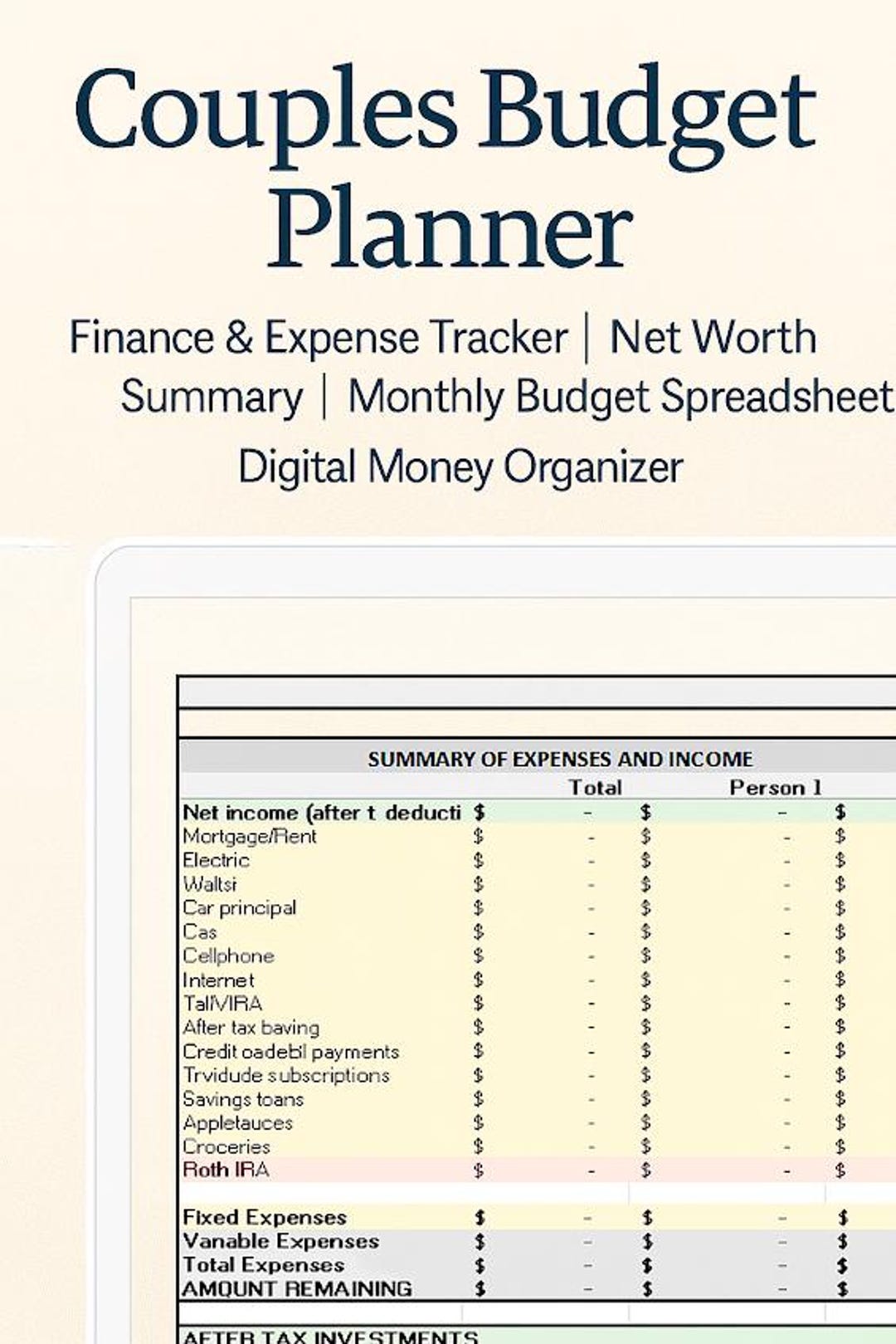 Couples Budget Planner | Finance & Expense Tracker | Net Worth Summary ...
