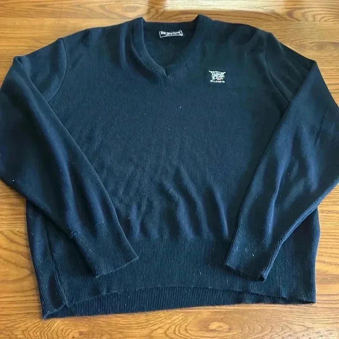 Vintage 80s Mcbriar Navy Blue V-neck Sweater Wildcat Embroidered Made ...