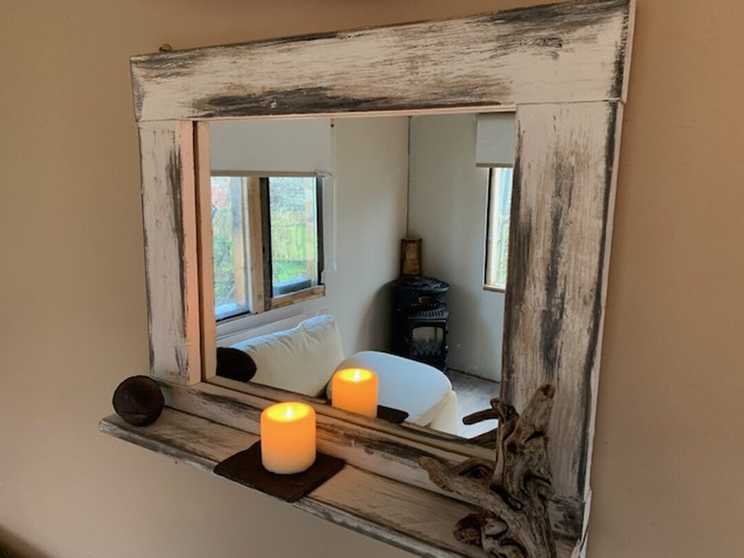 Whitewashed Distressed Mirror With Shelf - Etsy