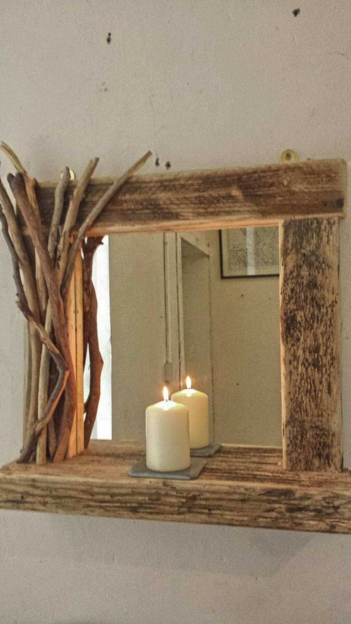 Rustic Reclaimed Wooden Mirror With Shelf and Decorated Frame | Etsy