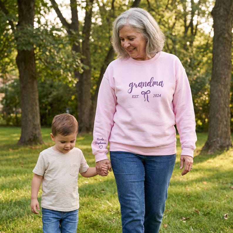 Custom Embroidered Grandma Sweatshirt – Grandkids Names, Coquette Bow ...