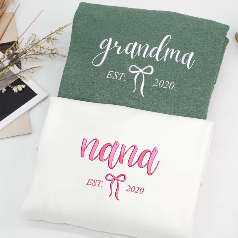 Custom Embroidered Grandma Sweatshirt – Grandkids Names, Coquette Bow ...
