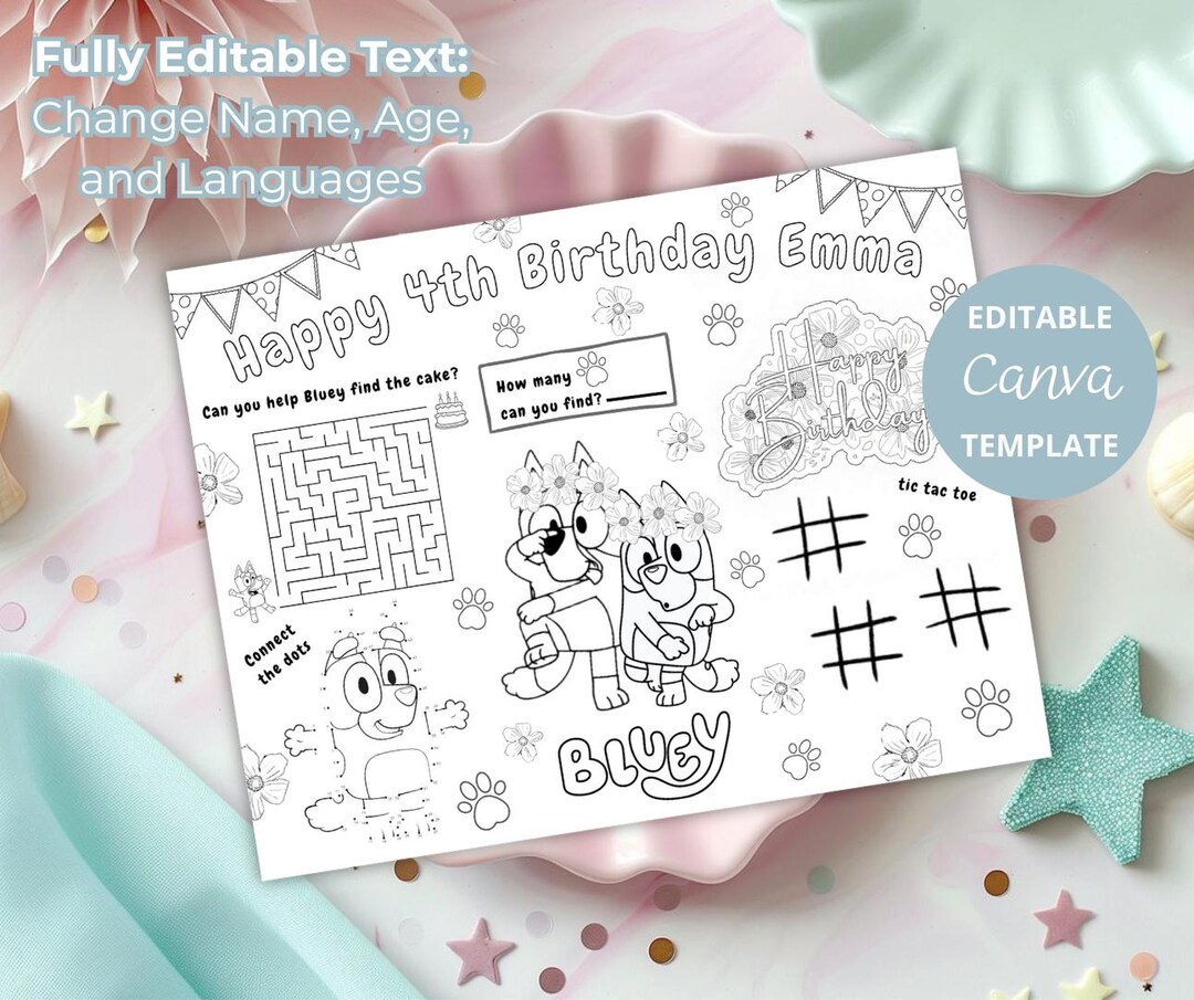 Bluey Inspired Birthday Placemat | Editable Party Activity | Printable ...