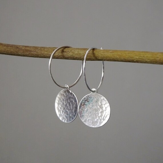 Kailajewellery Textured Sterling Silver Hoop Earrings Hammered Circle Charms Minimalist Jewellery Gift for Her Birthday Wedding Bridal Earrings
