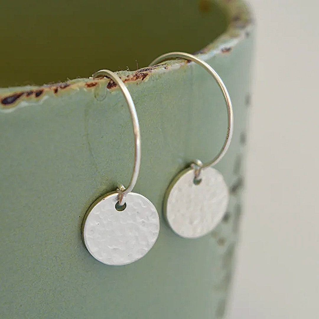 Hammered Sterling Silver Disc Hoop Earrings: Minimalist Dangle Jewelry ...