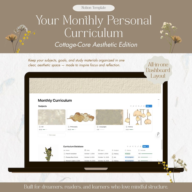 Aesthetic Notion Template | Monthly Personal Curriculum Planner | Study ...