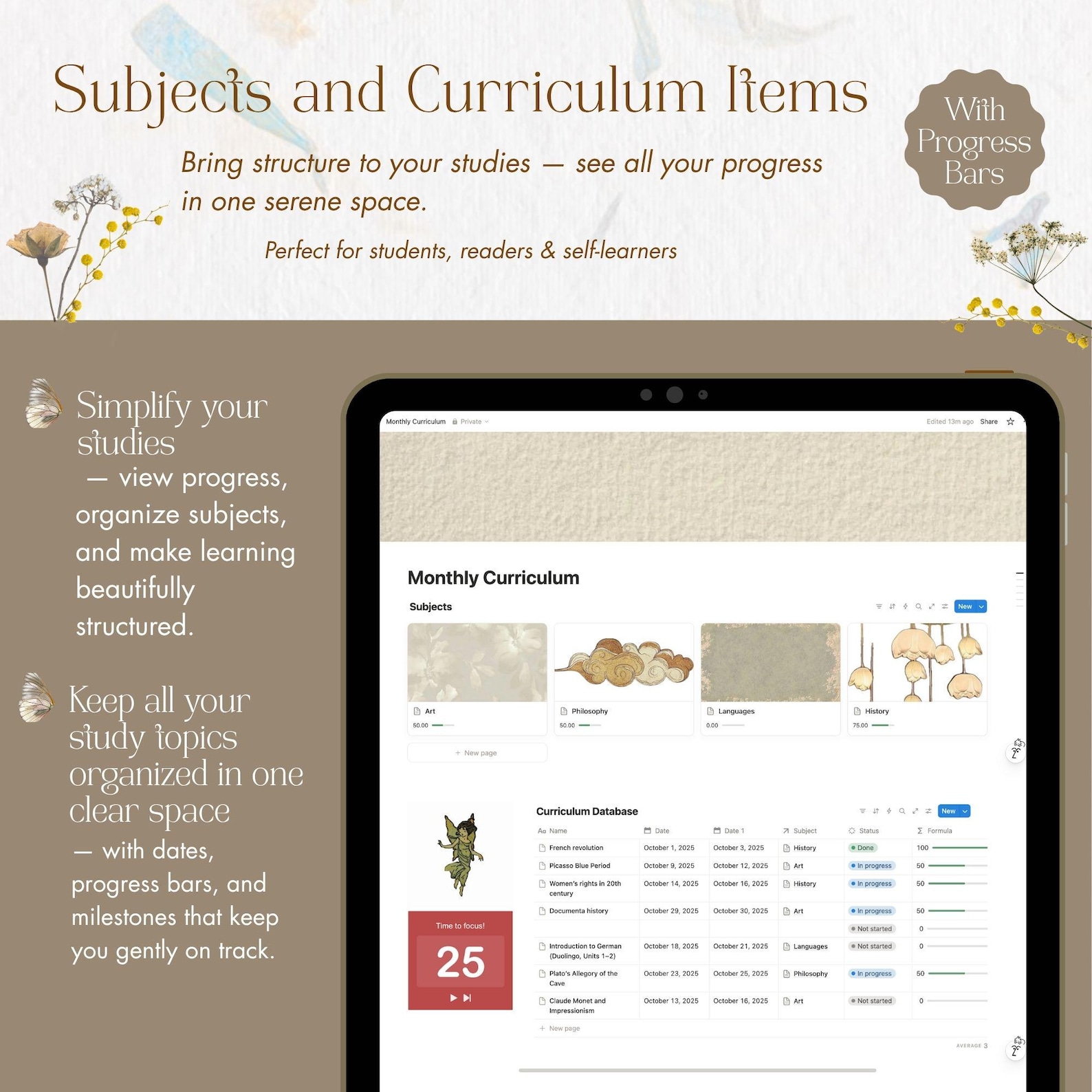 Aesthetic Notion Template | Monthly Personal Curriculum Planner | Study ...