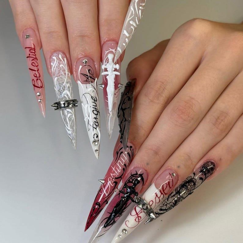 Handmade Celestial Gothic Script Press on Nails | White Red Black Stiletto | Cross & Spike ...