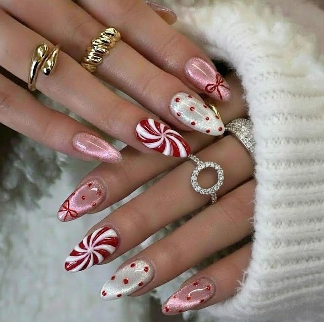 Handmade Peppermint Christmas Press on Nails, Red White Candy Swirl ...