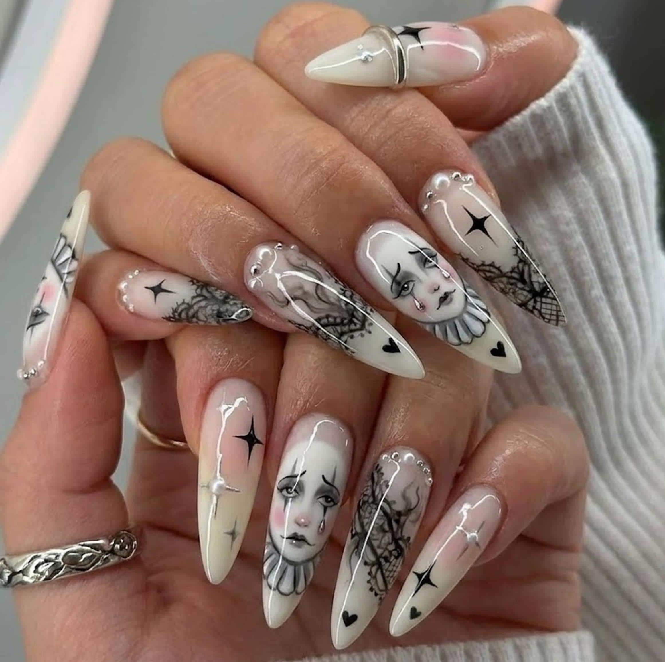 Handmade Sad Clown Press on Nails, Vintage Pierrot Face Art & Lace ...