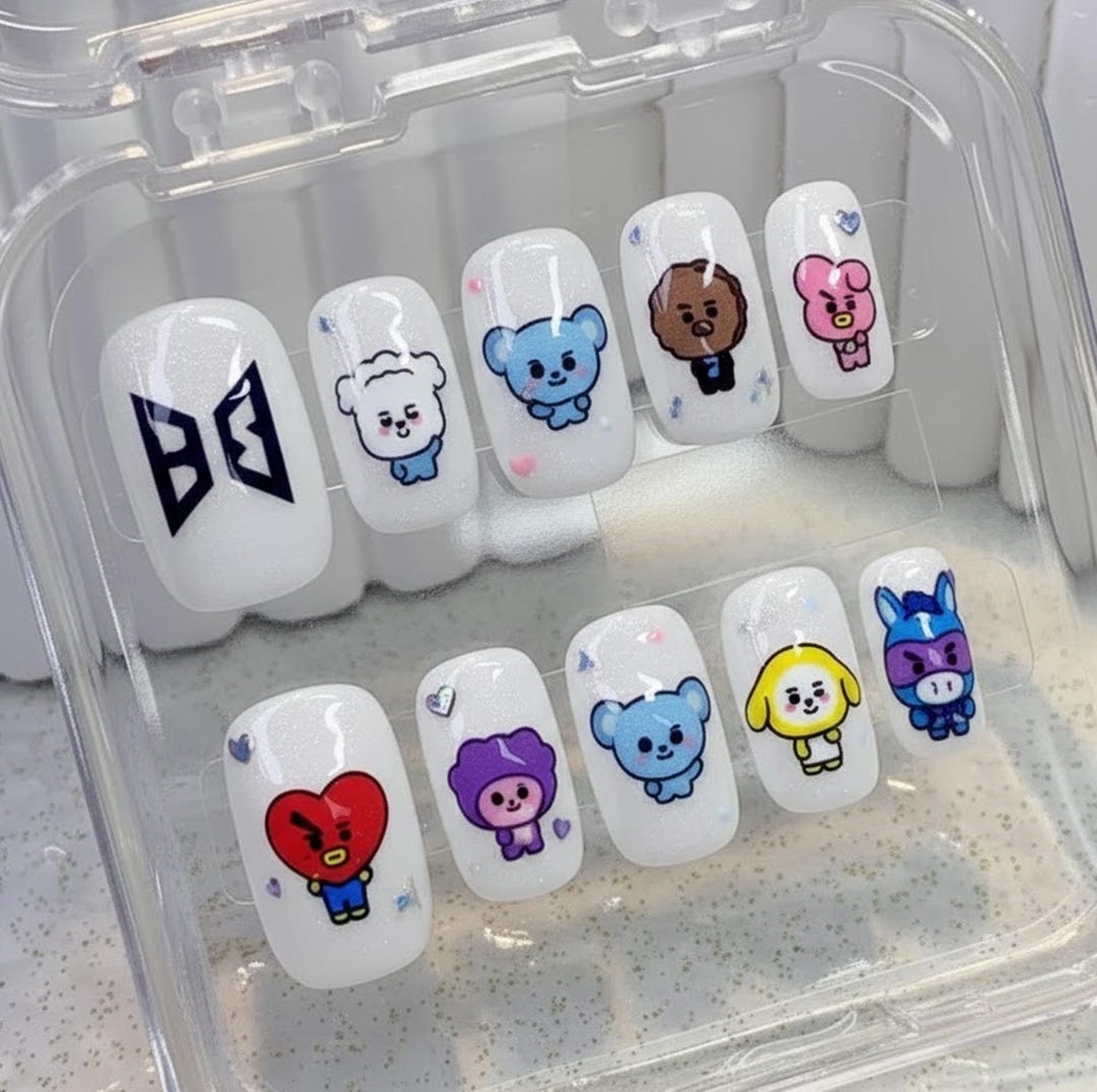 Handmade BT 21 Press on Nails, Kawaii B T S Cartoon Nails, Cute Anime ...