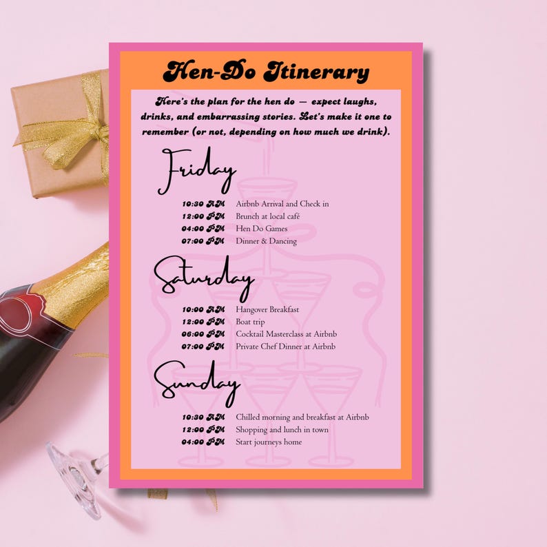 Editable Hen Party Itinerary Template A5 – Pink Orange Design ...