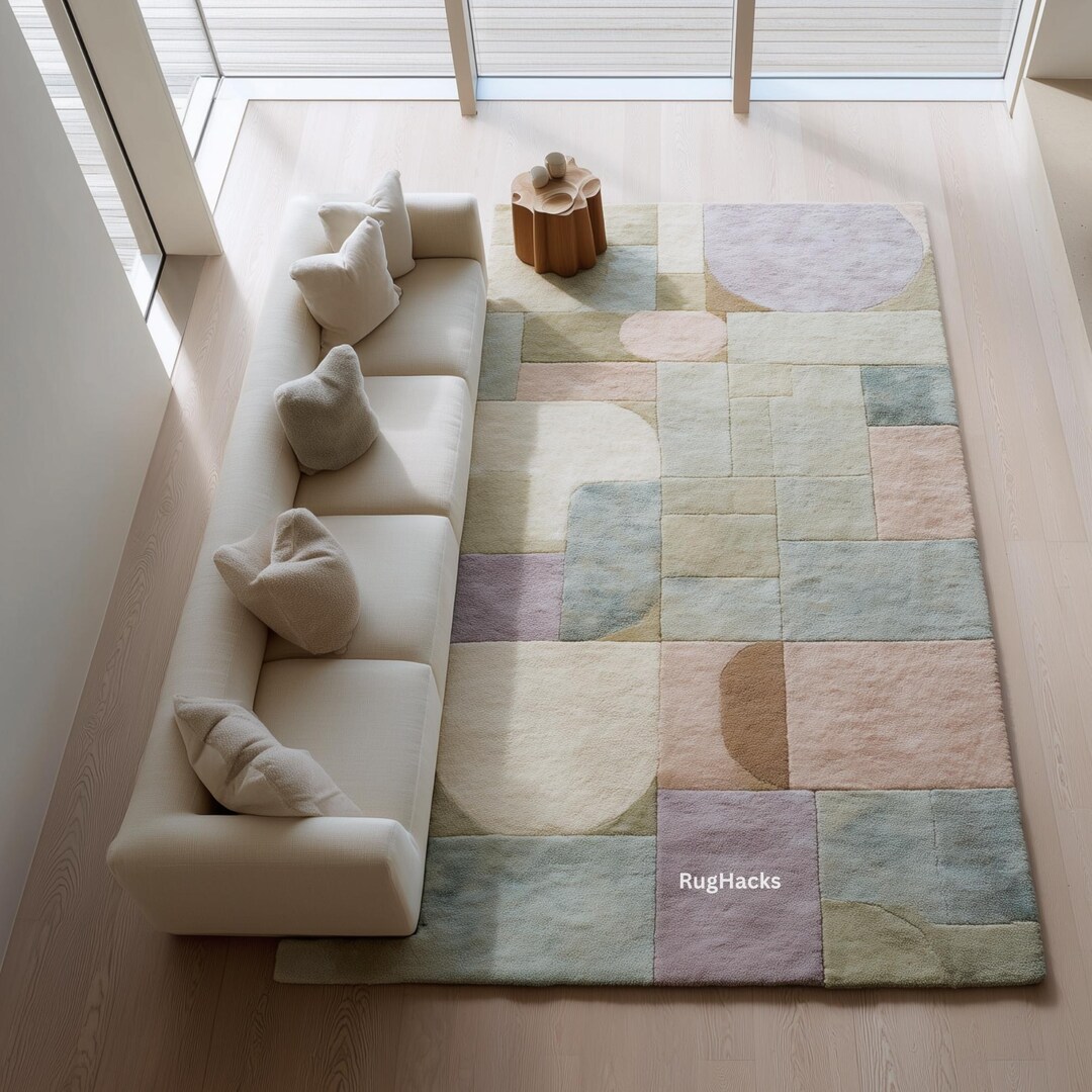 Pastel Geometric Wool Rug | Modern Color Block Carpet - Etsy