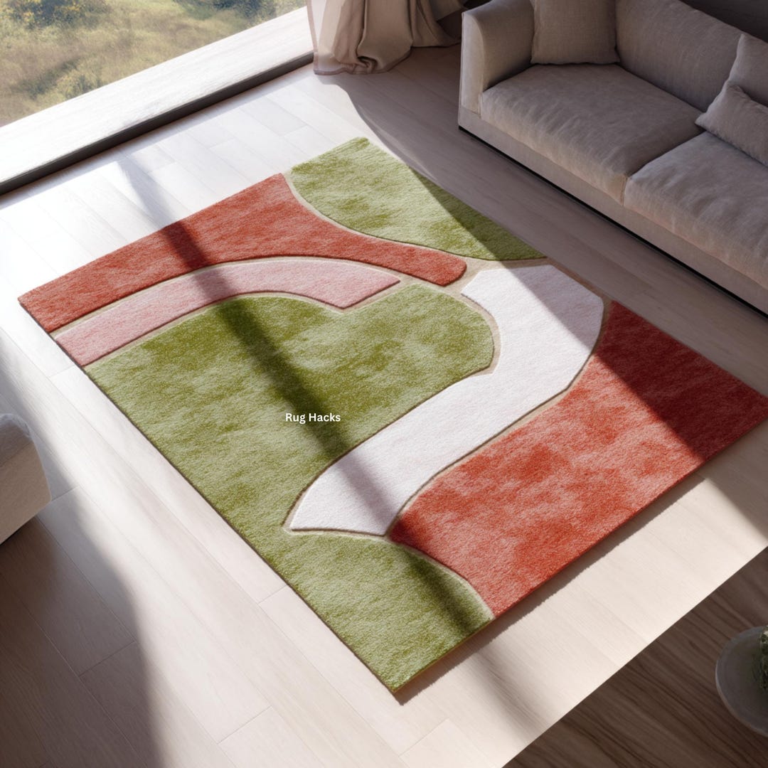 Green Peach Pink Abstract Rug | Modern Curved Shape Area Carpet ...