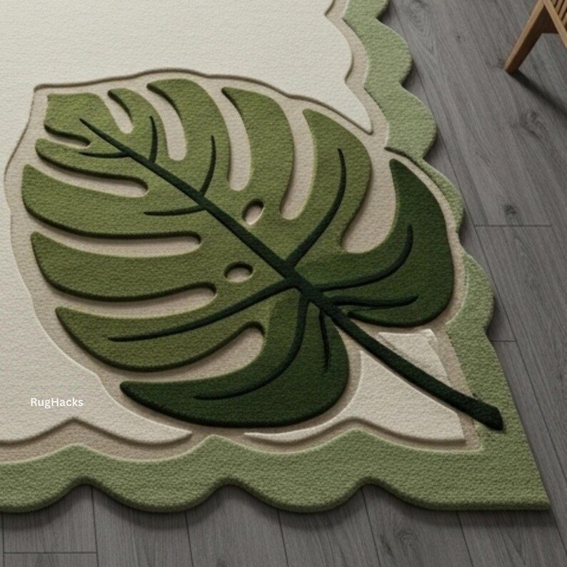 Tropical Leaf Area Rug Green Beige | Modern Botanical Carpet | Handmade ...