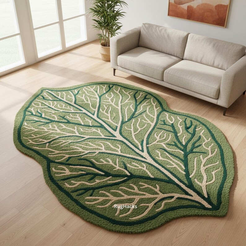 Leaf Shaped Rug | Green Botanical Carpet | Nature Inspired Area Rug ...