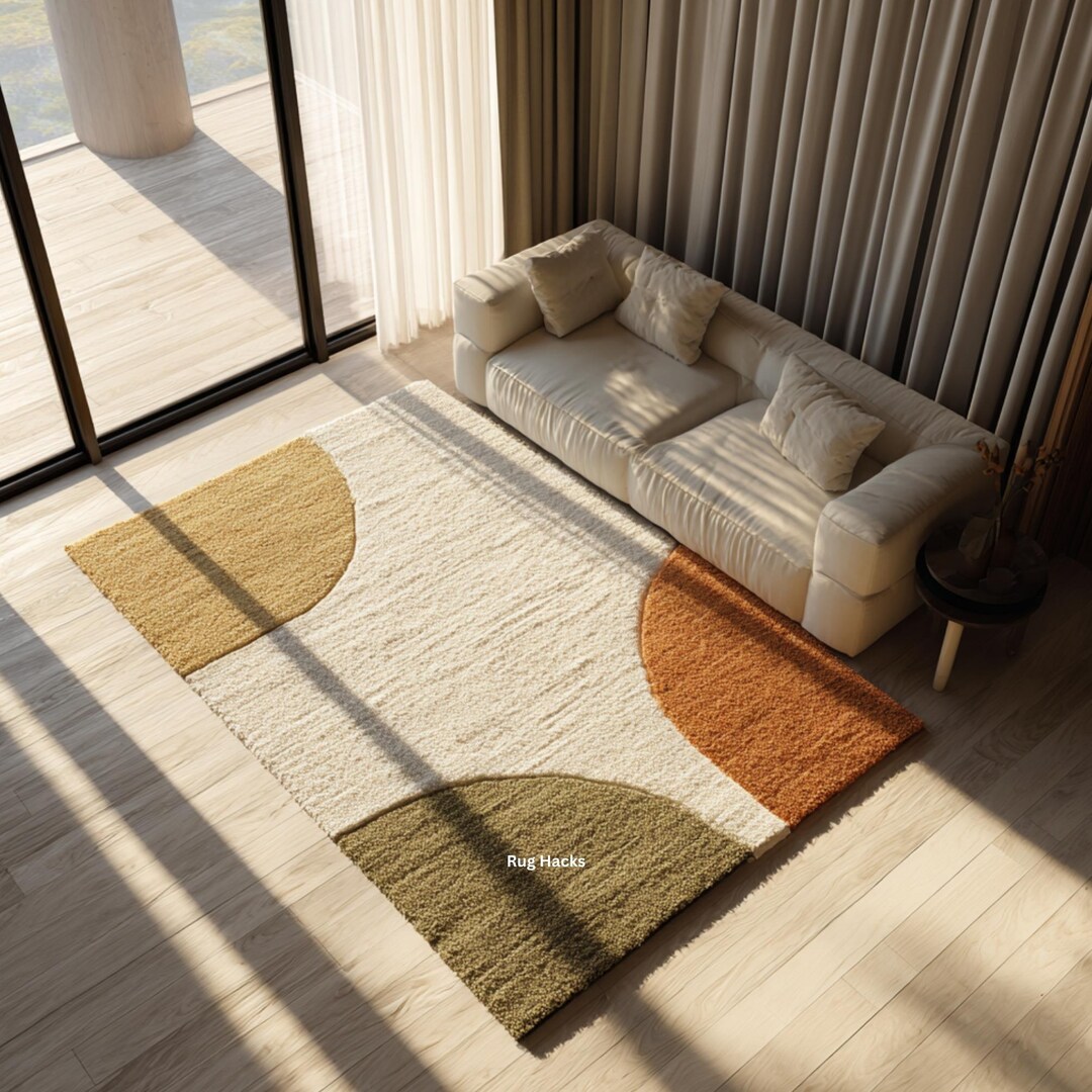 Modern Color Block Rug | Beige, Orange & Green Carpet for Living Room ...