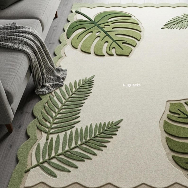 Tropical Leaf Area Rug Green Beige | Modern Botanical Carpet | Handmade ...
