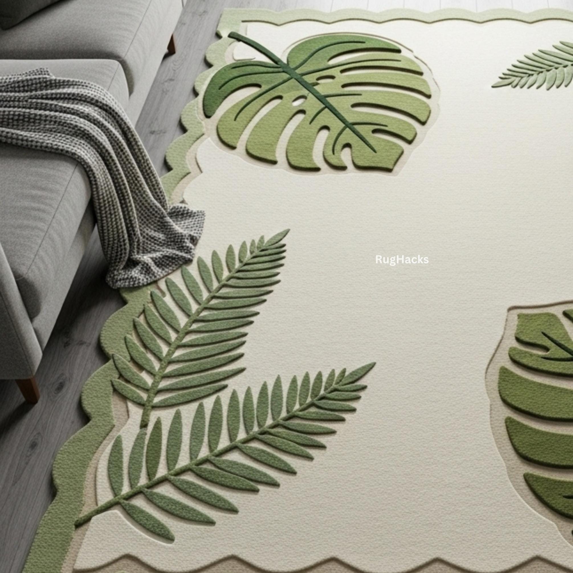 Tropical Leaf Area Rug Green Beige | Modern Botanical Carpet | Handmade ...