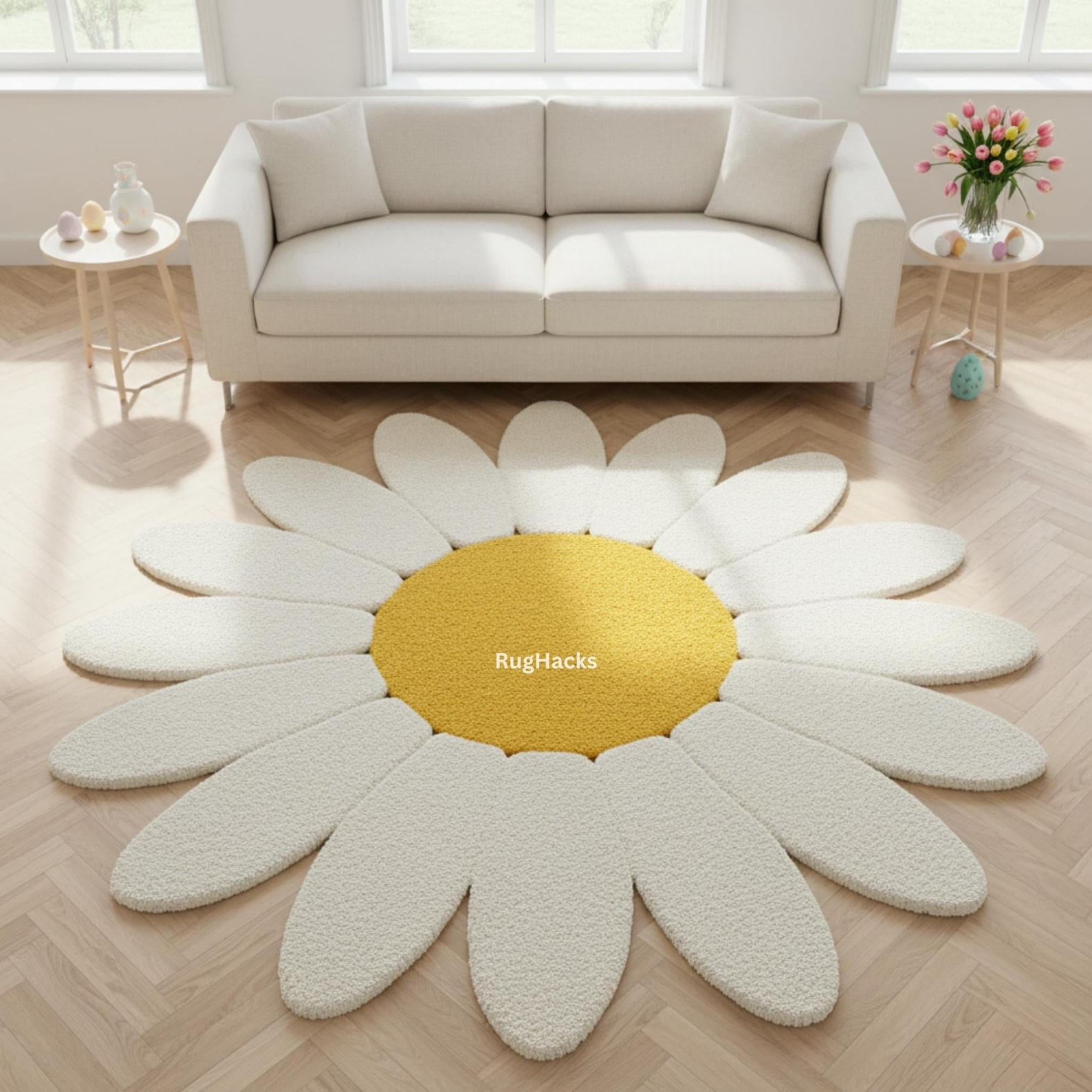 Daisy Flower Shaped Hand Tufted Wool Rug in White and Yellow | Floral ...