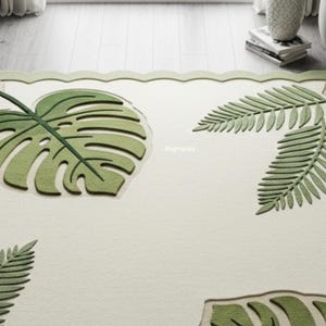Tropical Leaf Area Rug Green Beige | Modern Botanical Carpet | Handmade ...
