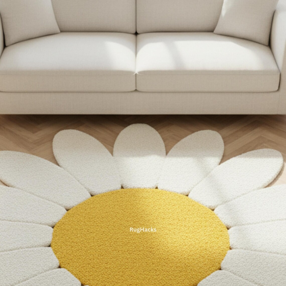 Daisy Flower Shaped Hand Tufted Wool Rug in White and Yellow | Floral ...