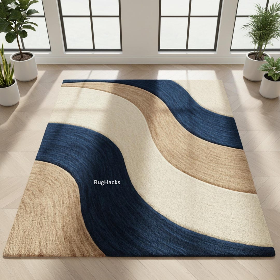 Modern Blue Wave Rug | Coastal Abstract Carpet | Beige and Navy Area ...