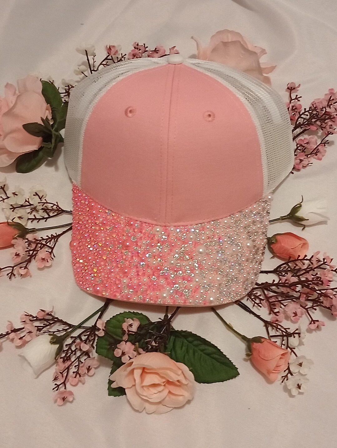 Adjustable Ombre Light Pink and White Baseball Cap With Rhinestones and ...
