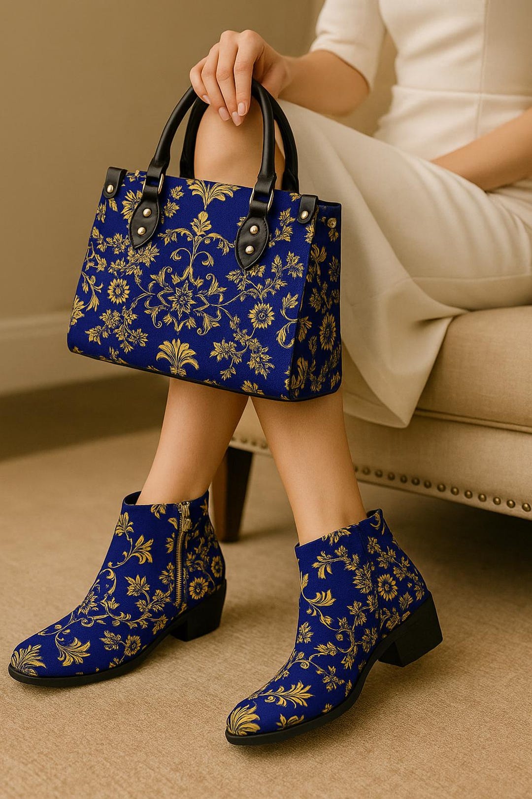 Sapphire Blue Boots- Ankle- Baroque Floral Micro Suede Royalcore Shoes ...
