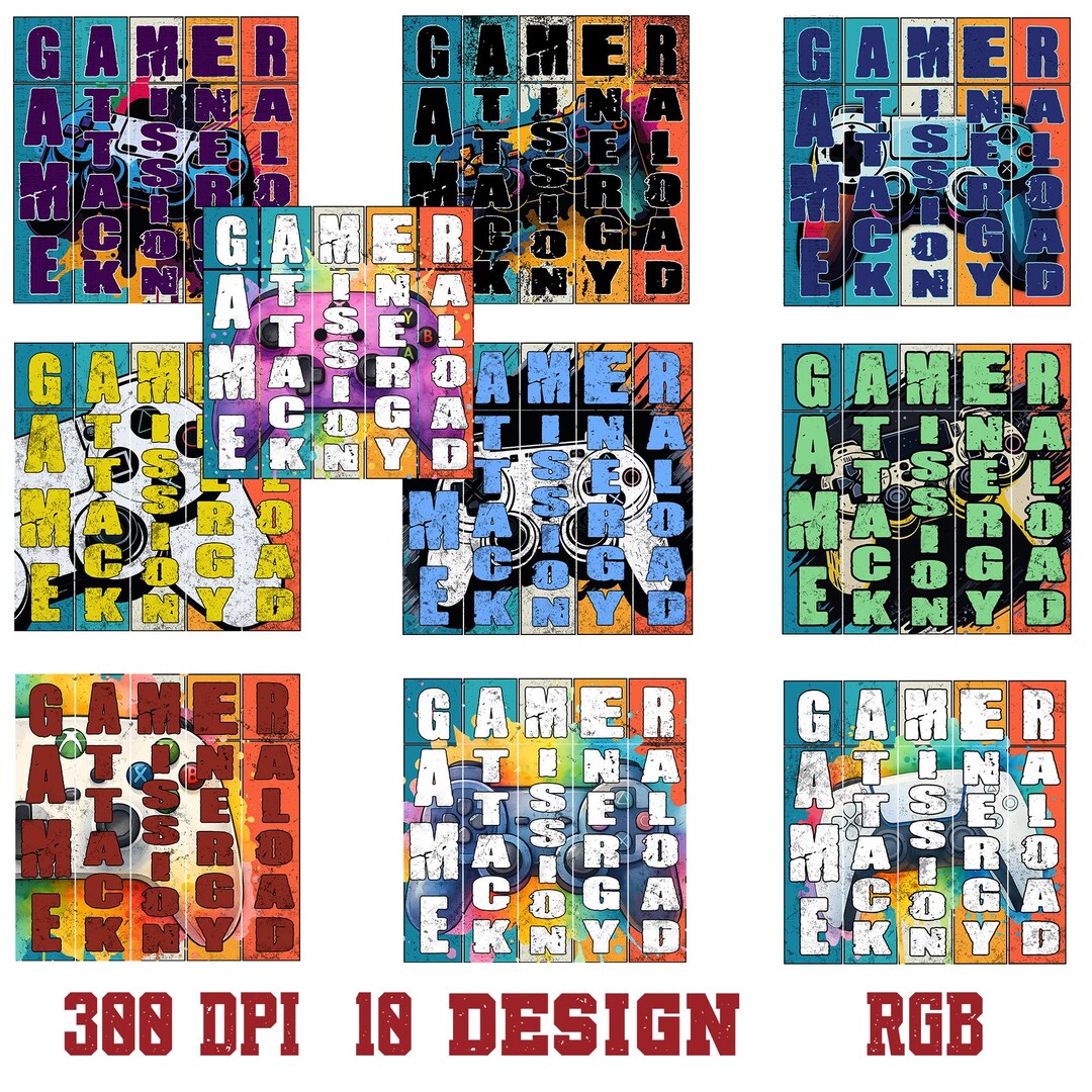 GAMER Typography Png Digital Bundle | 10 Retro Grunge Digital Designs ...