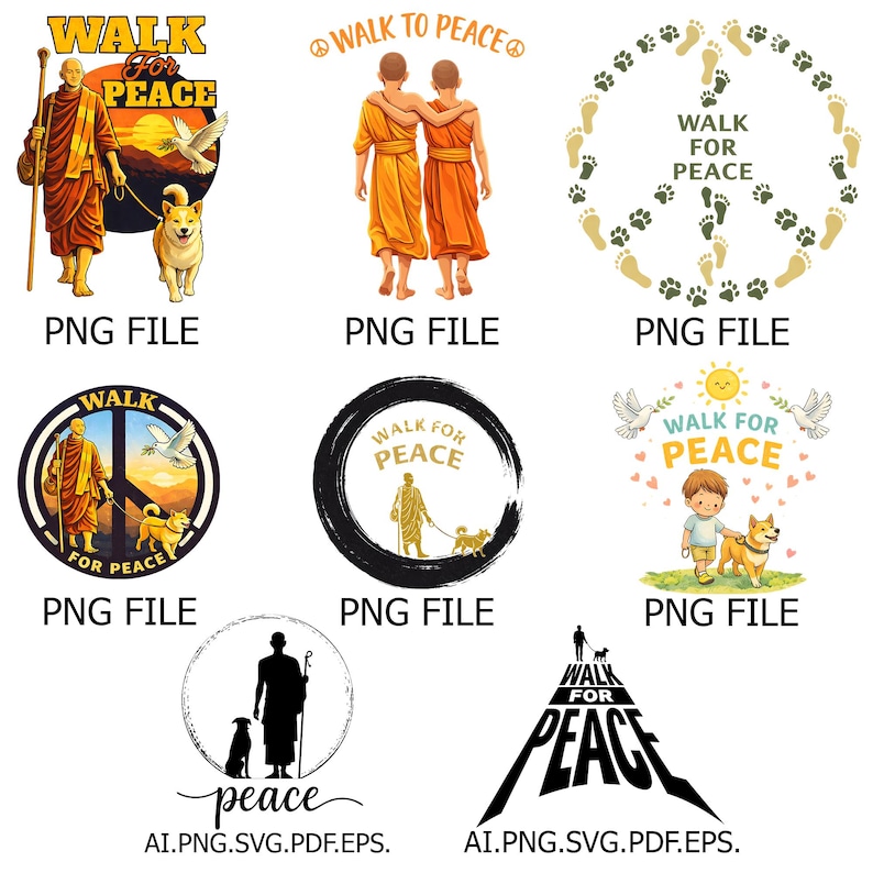 Walk for Peace PNG SVG Bundle, Peace Quote Art, Monk Walking Dog Design ...