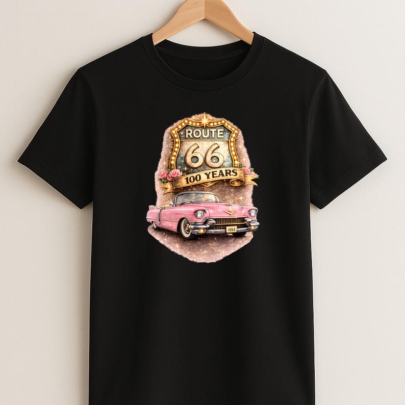Pink Cadillac Route 66 100 Years PNG, Vintage Car Sublimation Design ...