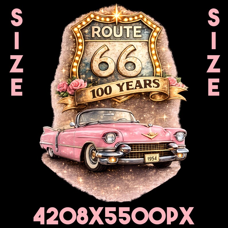 Pink Cadillac Route 66 100 Years PNG, Vintage Car Sublimation Design ...