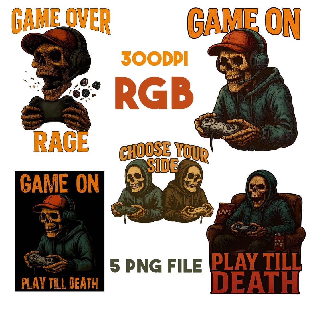 Skull Gamer Clipart Bundle: Horror Skeleton Joystick Art (PNG Digital ...