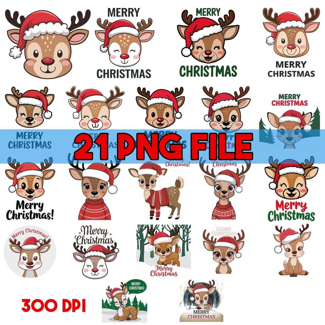 Christmas Reindeer Clipart Bundle Santa Hat Reindeer | 21 PNG - Etsy
