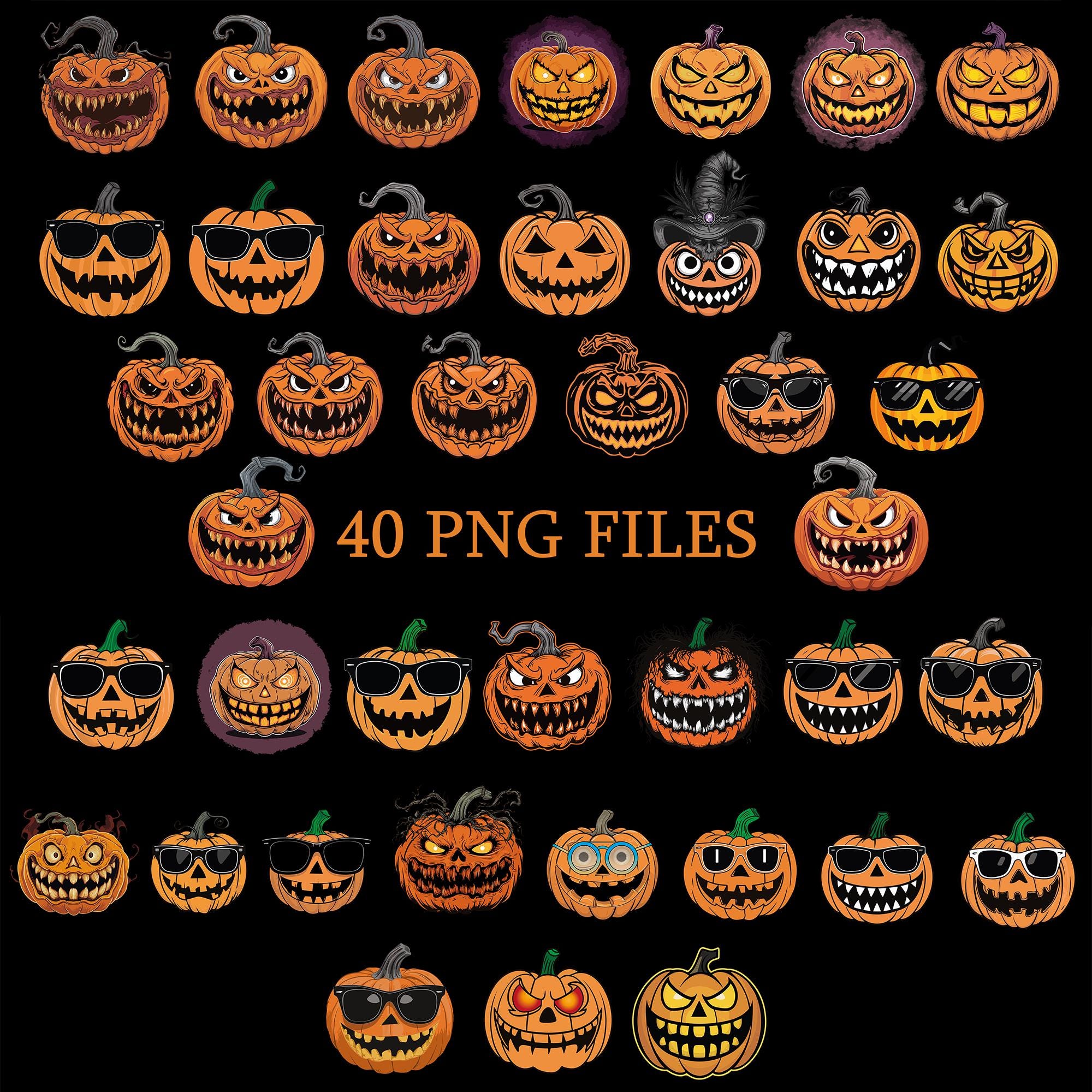 Halloween Pumpkin Faces Clipart Bundle | 40 PNG Designs (digital ...