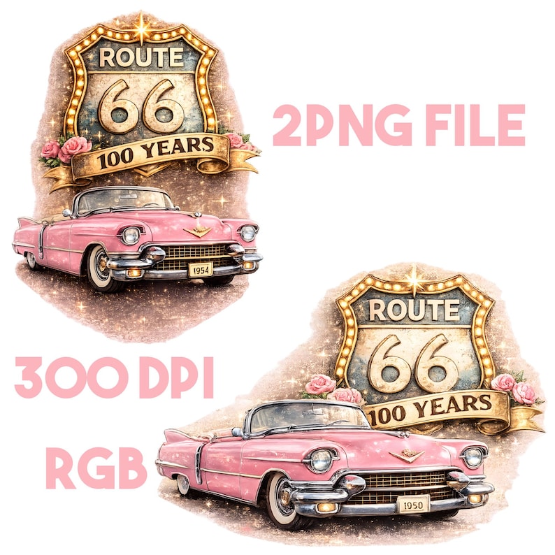 Pink Cadillac Route 66 100 Years PNG, Vintage Car Sublimation Design ...