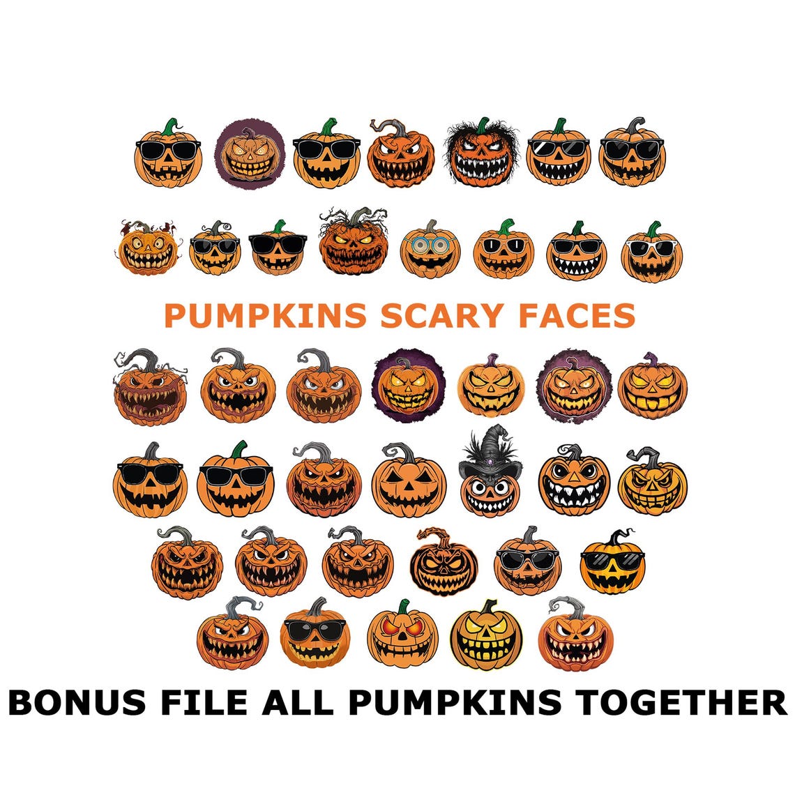 Halloween Pumpkin Faces Clipart Bundle | 40 PNG Designs (digital ...