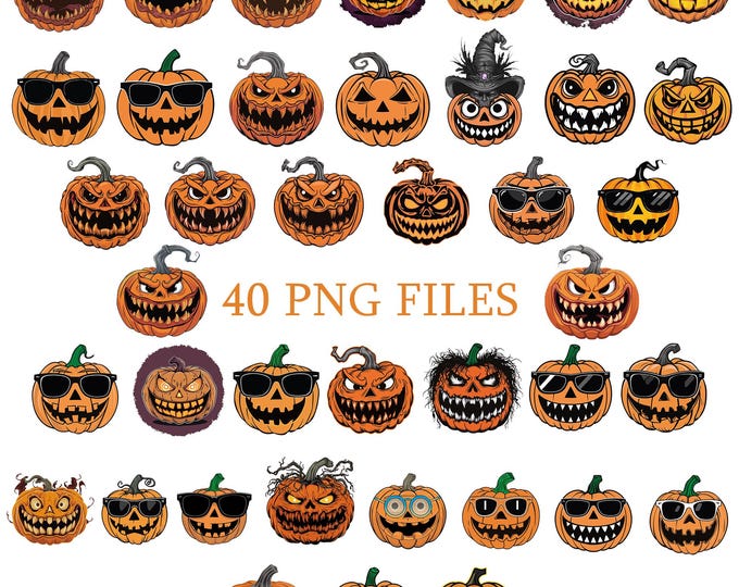 Halloween Pumpkin Faces Clipart Bundle | 40 PNG Designs (digital ...