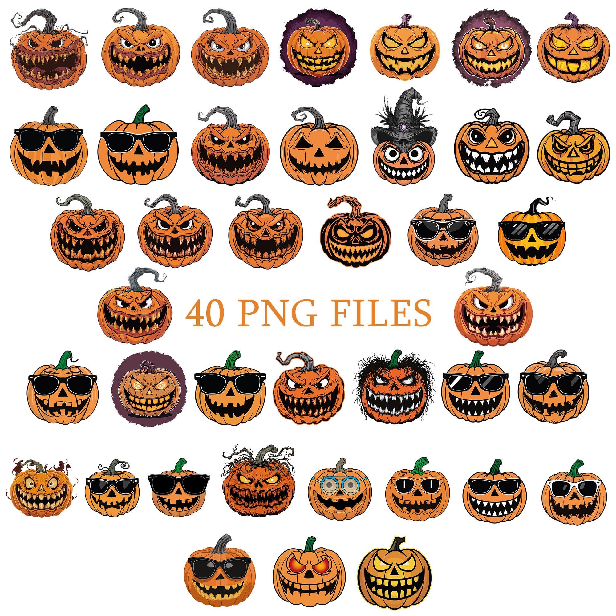 Halloween Pumpkin Faces Clipart Bundle | 40 PNG Designs (digital ...