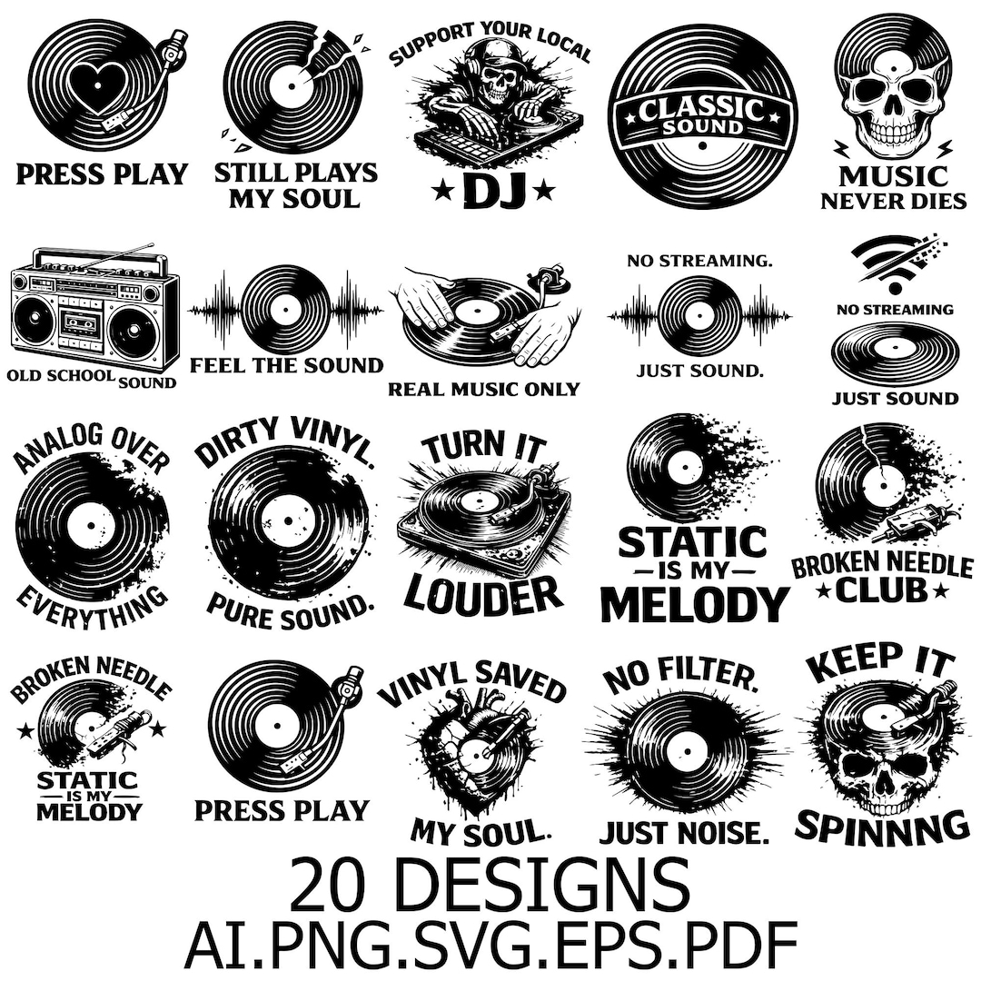 Vinyl Music SVG Bundle, 20 Retro Record Designs, DJ Quotes,vintage ...